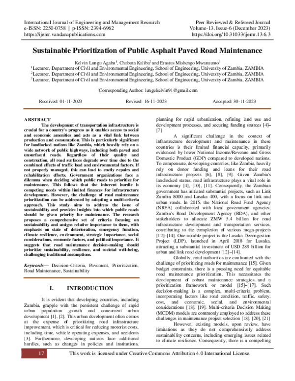 (PDF) Sustainable Prioritization of Public Asphalt Paved Road Maintenance