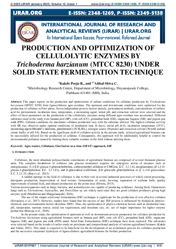 (PDF) PRODUCTION AND OPTIMIZATION OF CELLULOLYTIC ENZYMES BY Trichoderma harzianum (MTCC 8230 ...