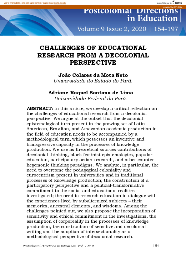 (PDF) Challenges of educational research from a decolonial perspective