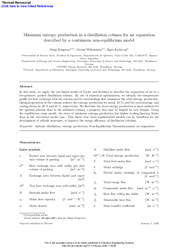 (PDF) Minimum entropy production in a distillation column for air ...