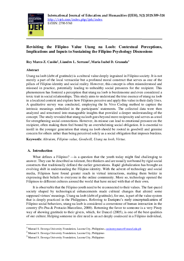 (PDF) Revisiting the Filipino Value Utang na Loob: Contextual ...