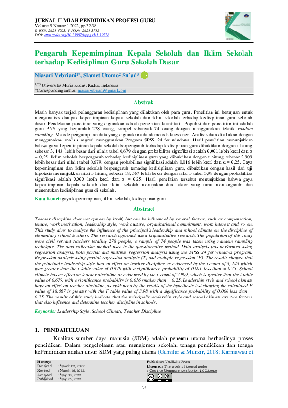 (PDF) Pengaruh Kepemimpinan Kepala Sekolah dan Iklim Sekolah terhadap Kedisiplinan Guru Sekolah ...