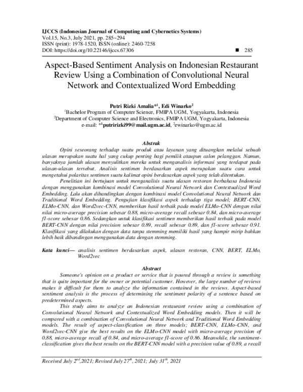 Pdf Aspect Based Sentiment Analysis On Indonesian Restaurant Review Using A Combination Of