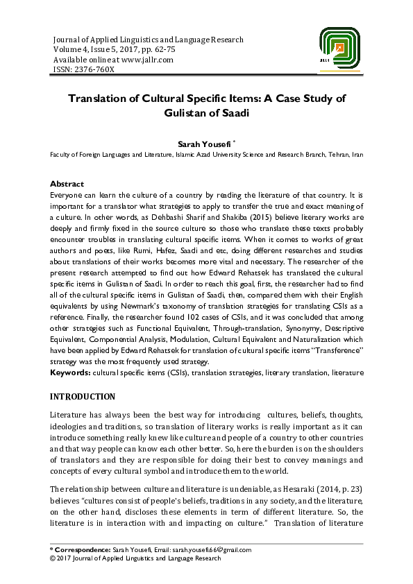 (PDF) Translation of Cultural Specific Items: A Case Study of Gulistan ...