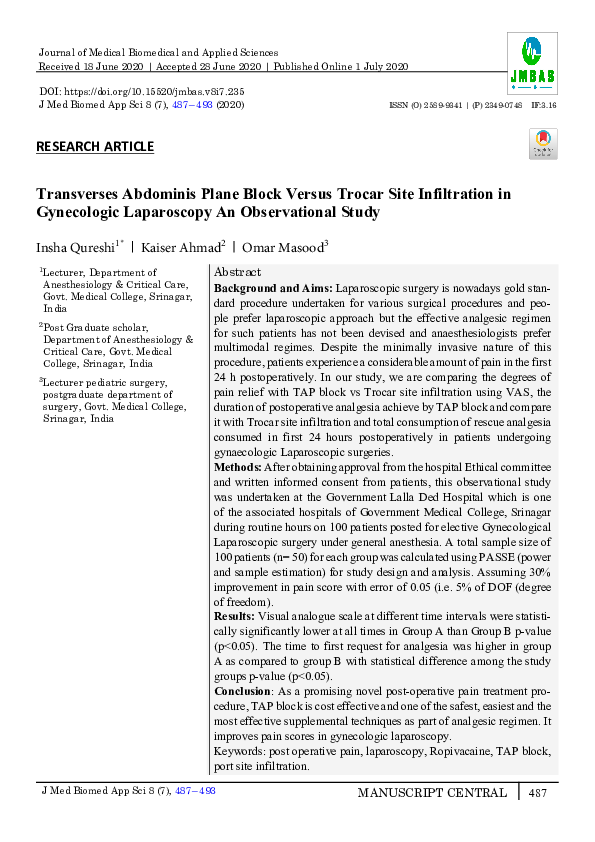 (PDF) Transverses Abdominis Plane Block Versus Trocar Site Infiltration ...