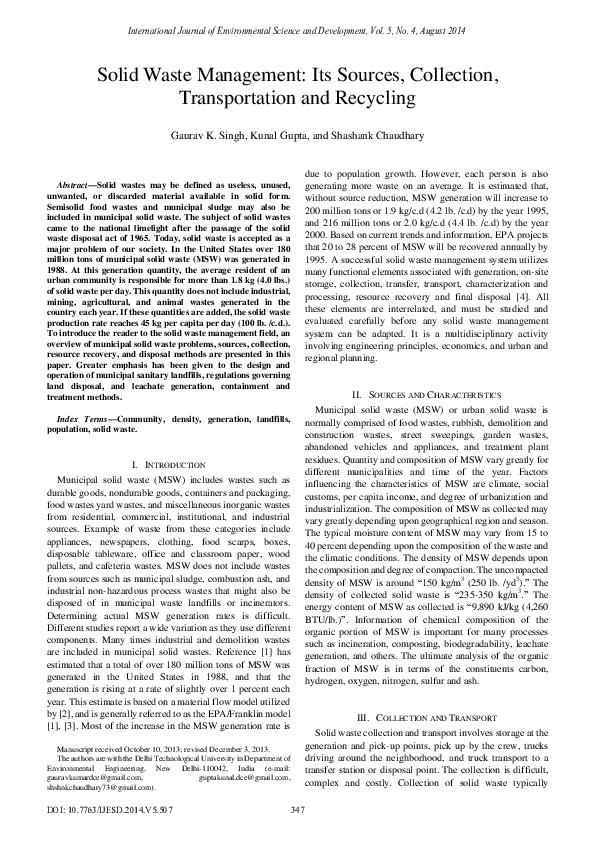(PDF) Solid Waste Management: Its Sources, Collection, Transportation and Recycling