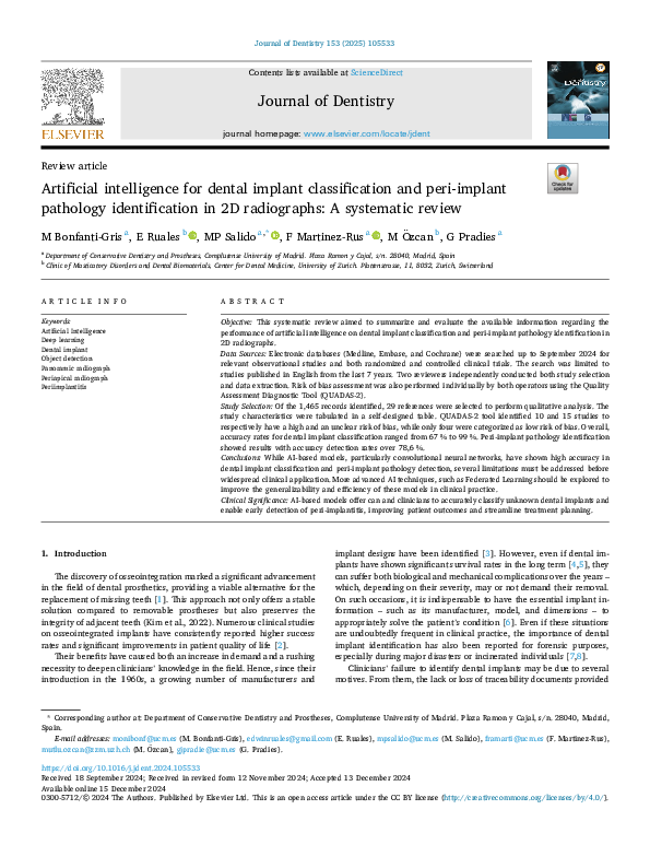(PDF) Artificial intelligence for dental implant classification and peri-implant pathology ...