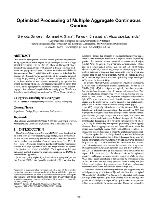 (PDF) Optimized processing of multiple aggregate continuous queries