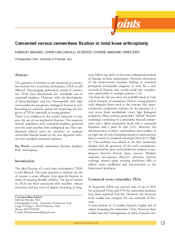 (PDF) Cemented versus cementless fixation in total knee arthroplasty