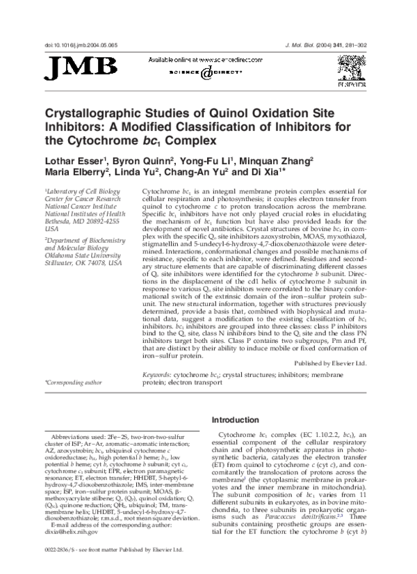 (PDF) Crystallographic Studies of Quinol Oxidation Site Inhibitors: A ...