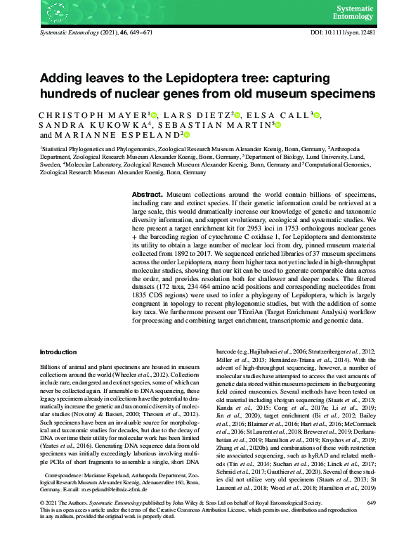 (PDF) Adding leaves to the Lepidoptera tree: capturing hundreds of ...