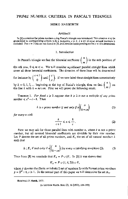 (PDF) Prime Number Criteria in Pascal's Triangle