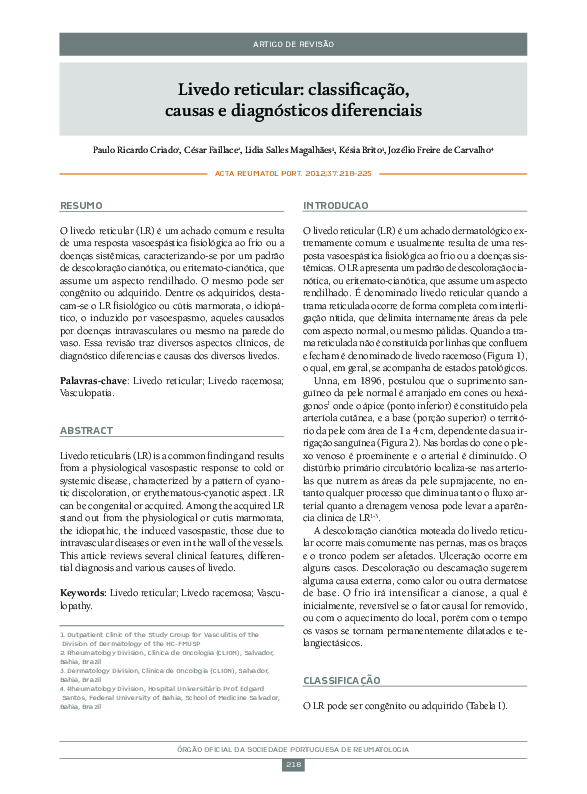 (PDF) Livedo reticular: classificação, causas e diagnósticos diferenciais