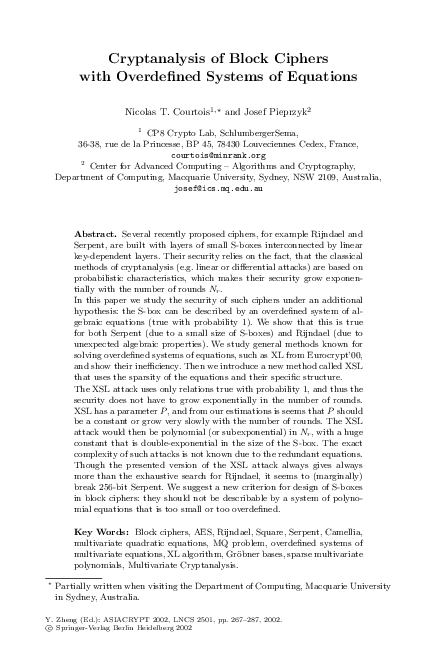 (PDF) Cryptanalysis of Block Ciphers with Overdefined Systems of Equations