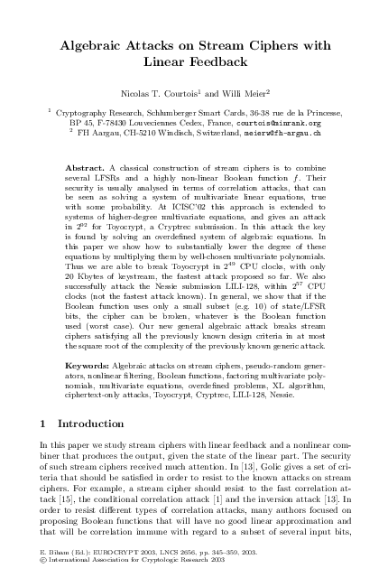 (PDF) Algebraic Attacks on Stream Ciphers with Linear Feedback
