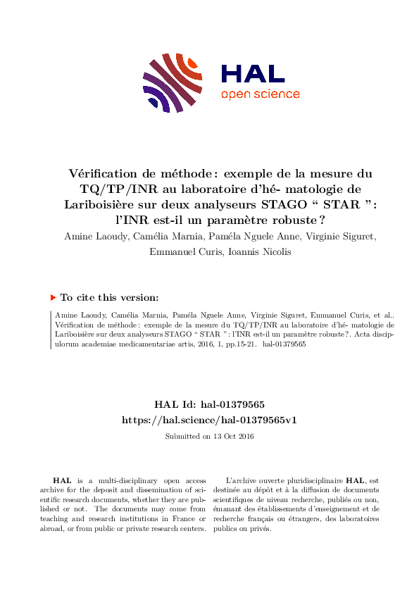 (PDF) Vérification de méthode : exemple de la mesure du TQ/TP/INR au ...