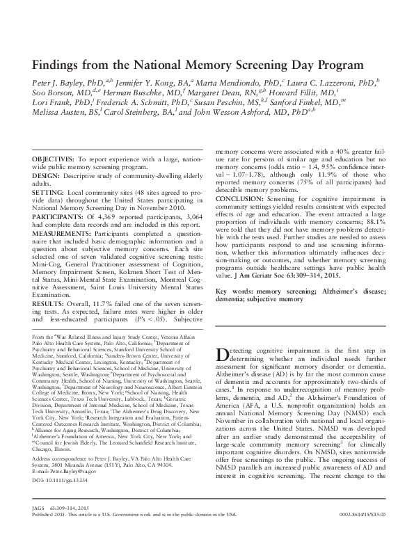 (PDF) Findings from the National Memory Screening Day Program