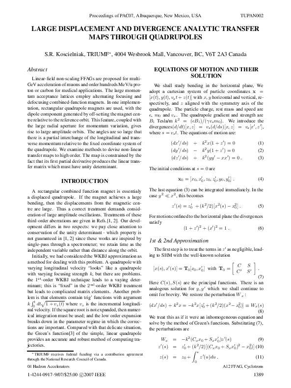 (PDF) Large lisplacement and livergence analytic transfer maps through quadrupoles