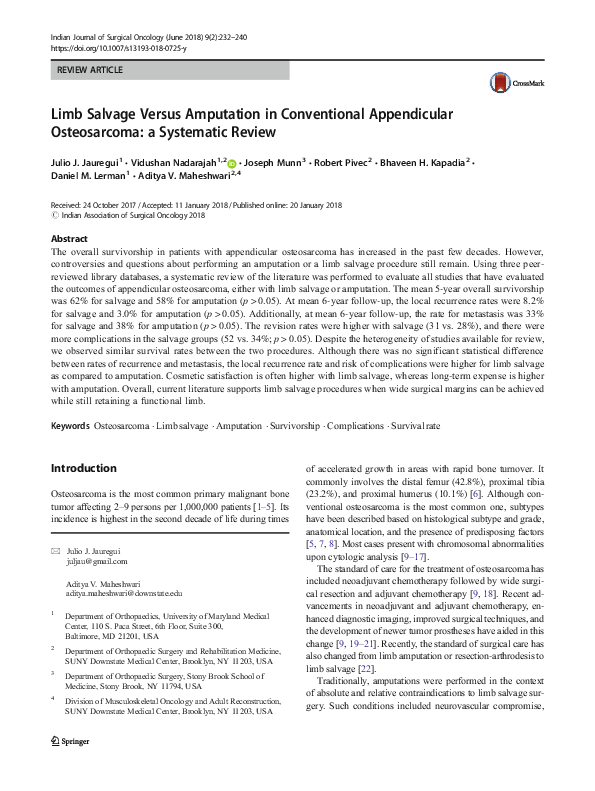 (PDF) Limb Salvage Versus Amputation in Conventional Appendicular ...