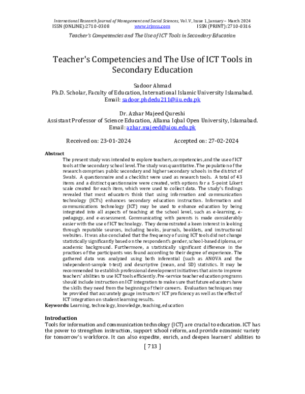 (PDF) Teacher's Competencies and The Use of ICT Tools in Secondary ...
