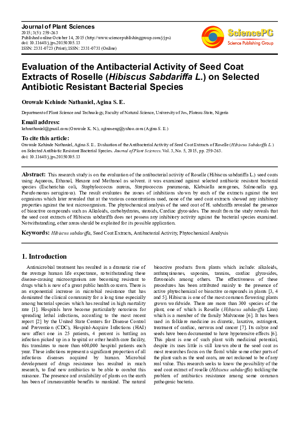(PDF) Evaluation of the Antibacterial Activity of Seed Coat Extracts of Roselle ( Hibiscus ...