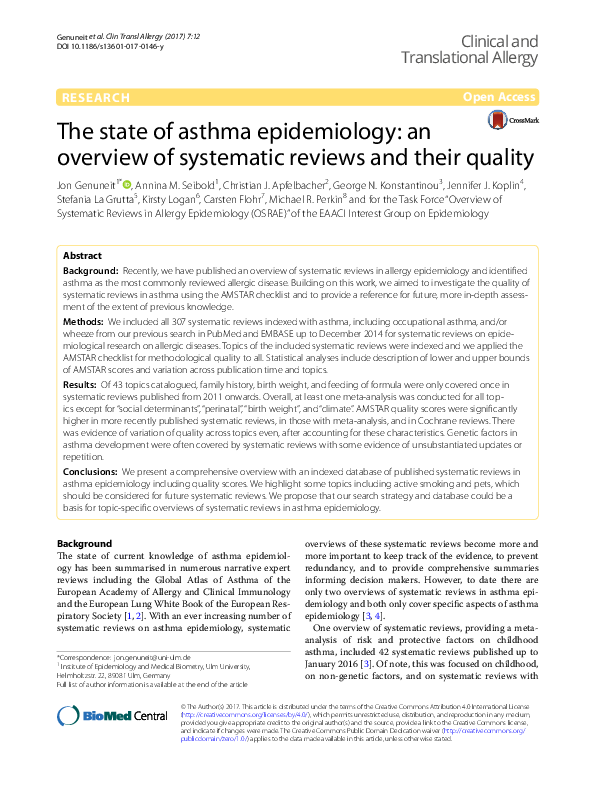 (PDF) The state of asthma epidemiology: an overview of systematic reviews and their quality