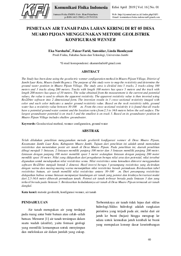 (PDF) Pemetaan Air Tanah Pada Lahan Kering DI RT 05 Desa Muaro Pijoan Menggunakan Metode ...