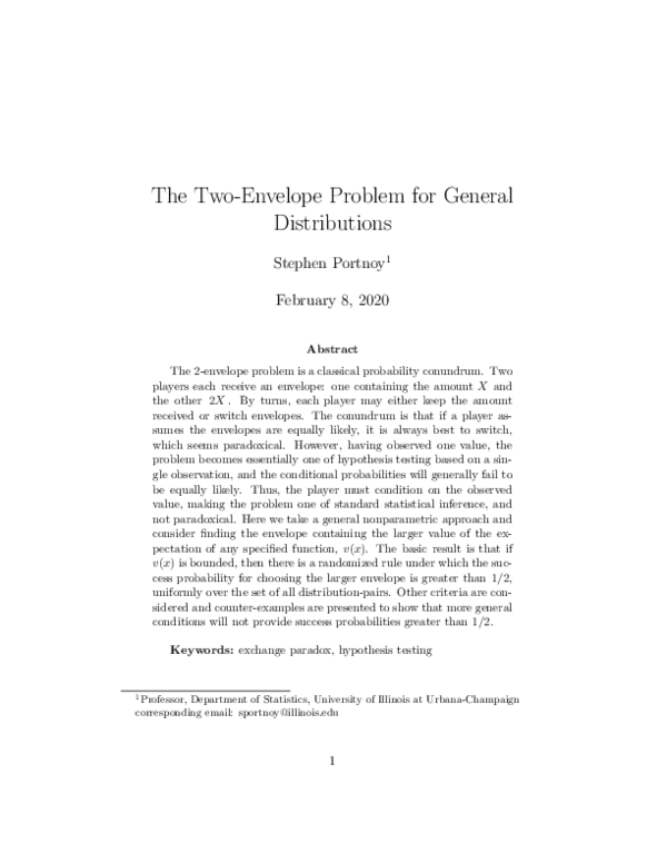 (PDF) The Two-Envelope Problem for General Distributions