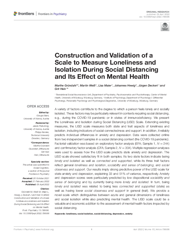 (PDF) Construction and Validation of a Scale to Measure Loneliness and ...