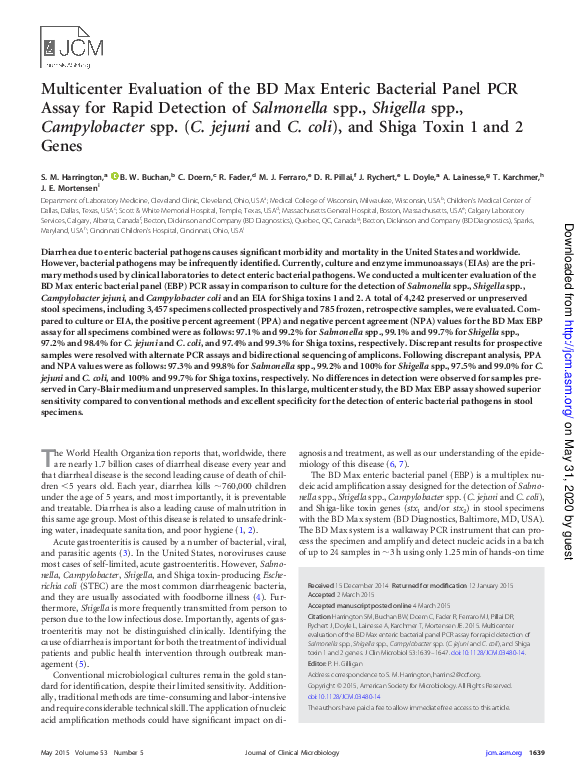 (PDF) Multicenter Evaluation of the BD Max Enteric Bacterial Panel PCR Assay for Rapid Detection ...