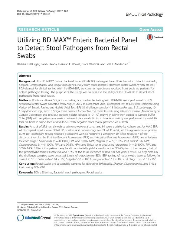 (PDF) Utilizing BD MAX™ Enteric Bacterial Panel to Detect Stool Pathogens from Rectal Swabs