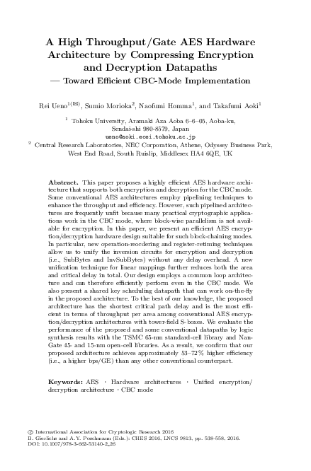 (PDF) A High Throughput/Gate AES Hardware Architecture by Compressing Encryption and Decryption ...