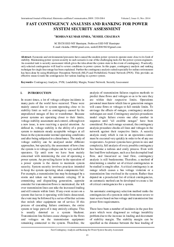 (PDF) Fast Contingency Analysis and Ranking for Power System Security ...