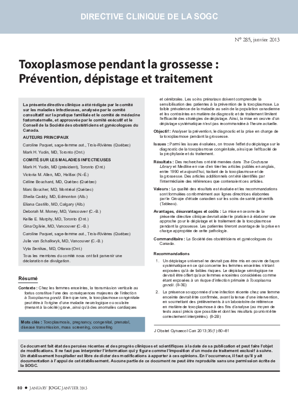 (PDF) Toxoplasmose pendant la grossesse: Prévention, dépistage et ...