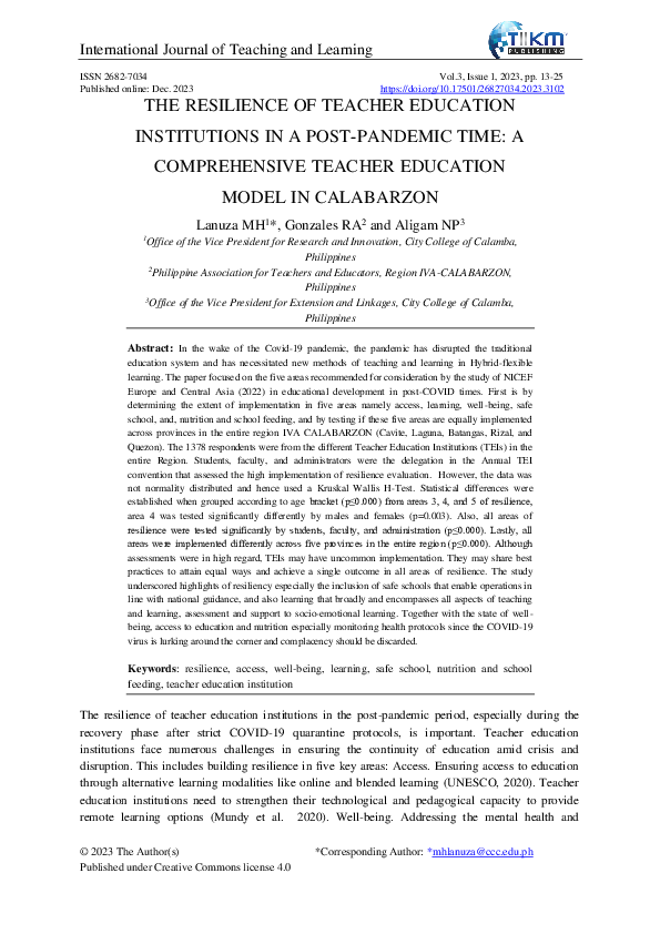 (PDF) The Resilience of Teacher Education Institutions in a Post ...