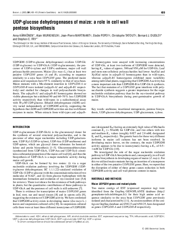 (PDF) UDP-glucose dehydrogenases of maize: a role in cell wall pentose ...
