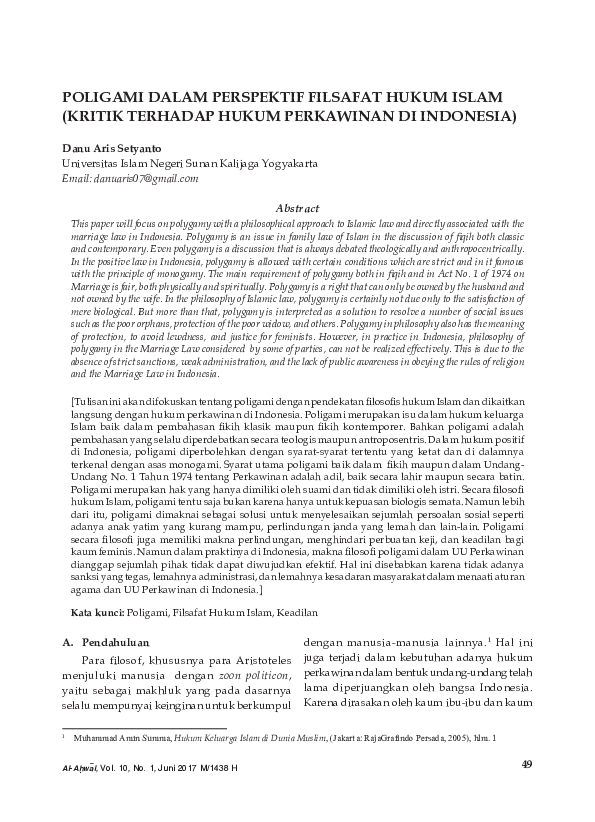 (PDF) Poligami Dalam Perspektif Filsafat Hukum Islam (Kritik Terhadap Hukum Perkawinan DI Indonesia)