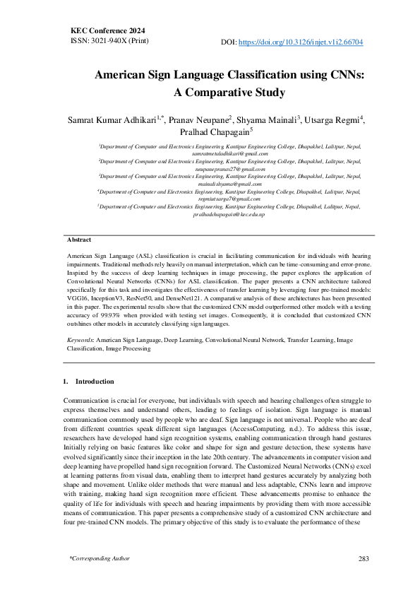 (PDF) American Sign Language Classification using CNNs: A Comparative Study