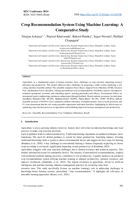 (PDF) Crop Recommendation System Using Machine Learning: A Comparative Study