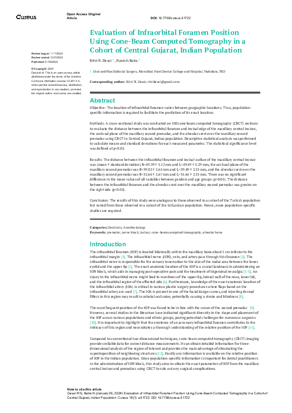 Pdf Evaluation Of Infraorbital Foramen Position Using Cone Beam Computed Tomography In A