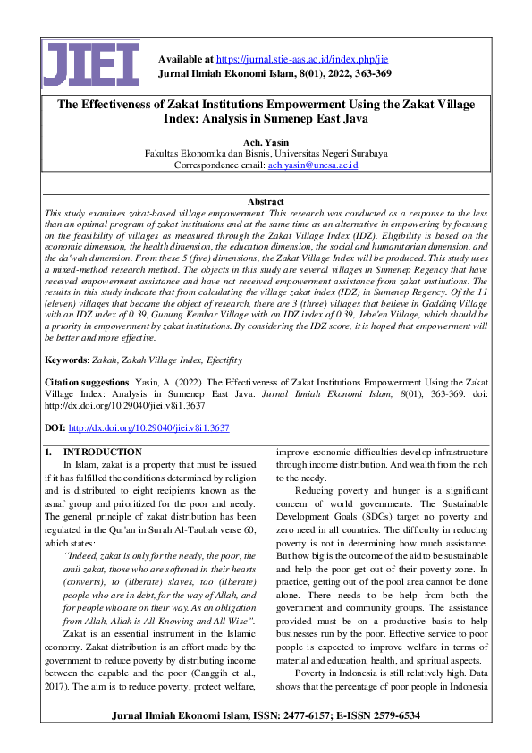 (PDF) The Effectiveness of Zakat Institutions Empowerment Using the Zakat Village Index ...