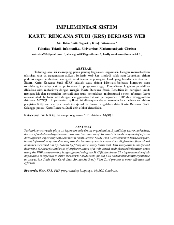 (PDF) IMPLEMENTASI SISTEM KARTU RENCANA STUDI (KRS) BERBASIS WEB