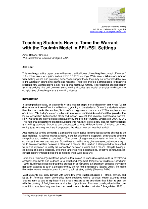 (PDF) Teaching Students How to Tame the Warrant with the Toulmin Model ...