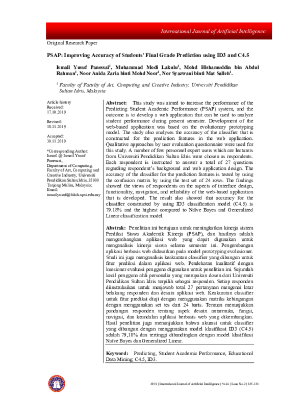 (PDF) PSAP: Improving Accuracy of Students' Final Grade Prediction using ID3 and C4.5