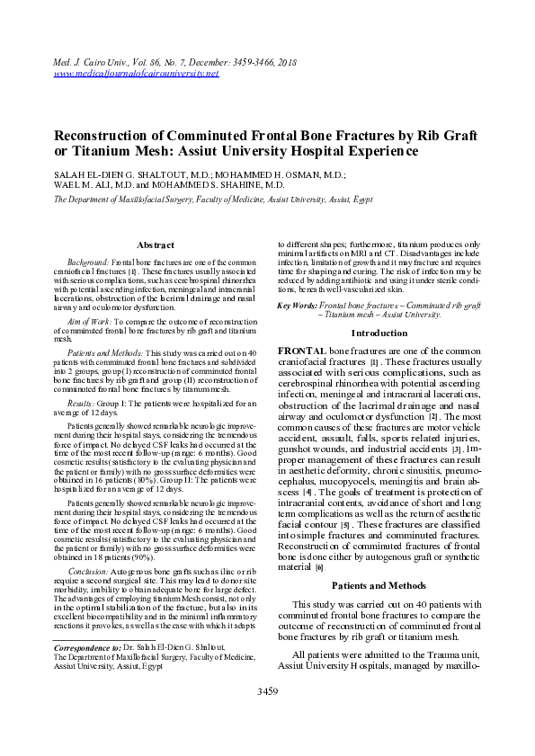 (PDF) Reconstruction of Comminuted Frontal Bone Fractures by Rib Graft ...
