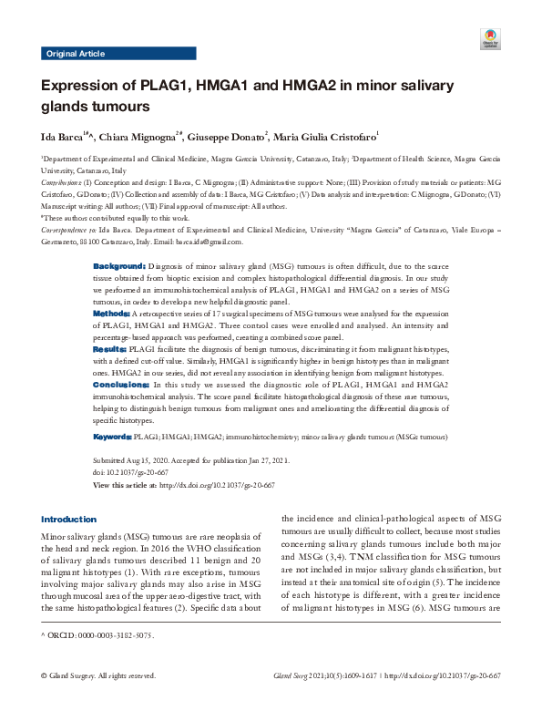 (PDF) Expression of PLAG1, HMGA1 and HMGA2 in minor salivary glands tumours
