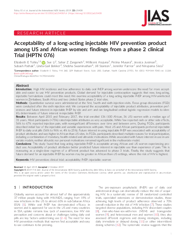 (PDF) Acceptability of a long‐acting injectable HIV prevention product ...
