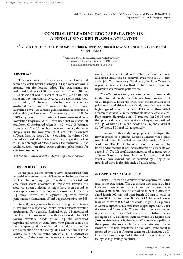 (PDF) 1107 Control of Leading Edge Separation on Airfoil Using DBD Plasma Actuator