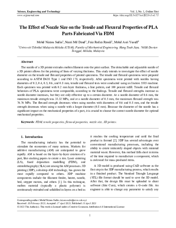 (PDF) The Effect of Nozzle Size on the Tensile and Flexural Properties of PLA Parts Fabricated ...