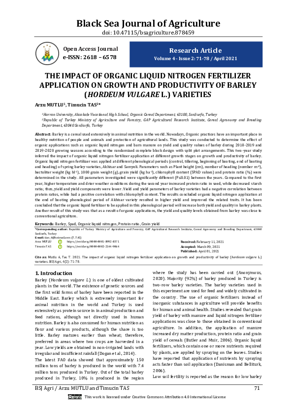 (PDF) The Impact of Organic Liquid Nitrogen Fertilizer Application on ...